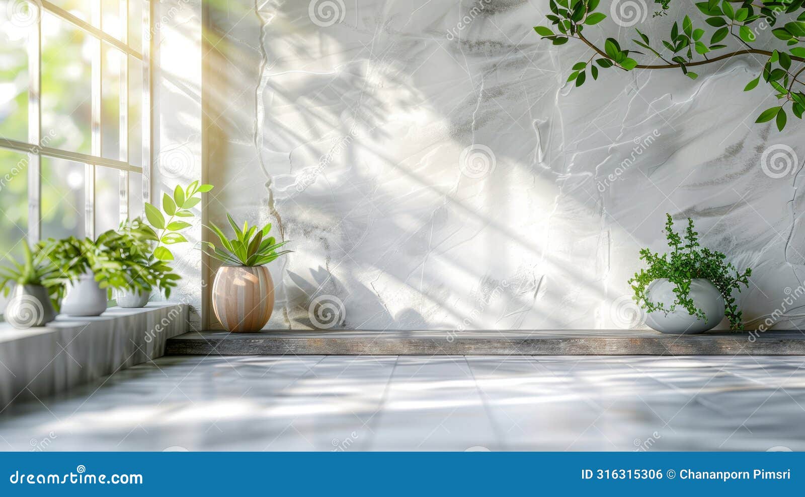 Marble Texture Background with Large Windows and Plants Stock ...