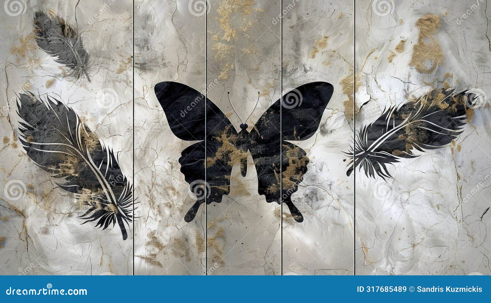 Marble Wall with Feather and Butterfly Design. Generative AI. Stock ...
