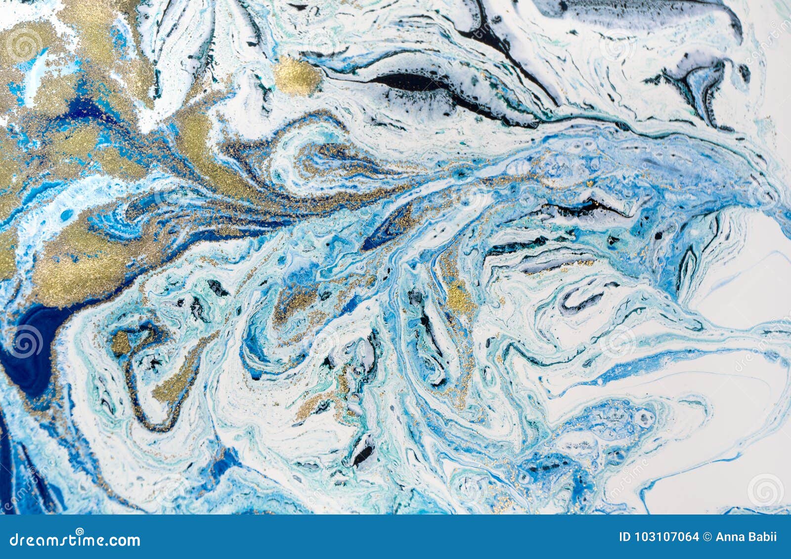 Marbled Blue Abstract Background with Golden Sequins. Liquid Marble Ink ...