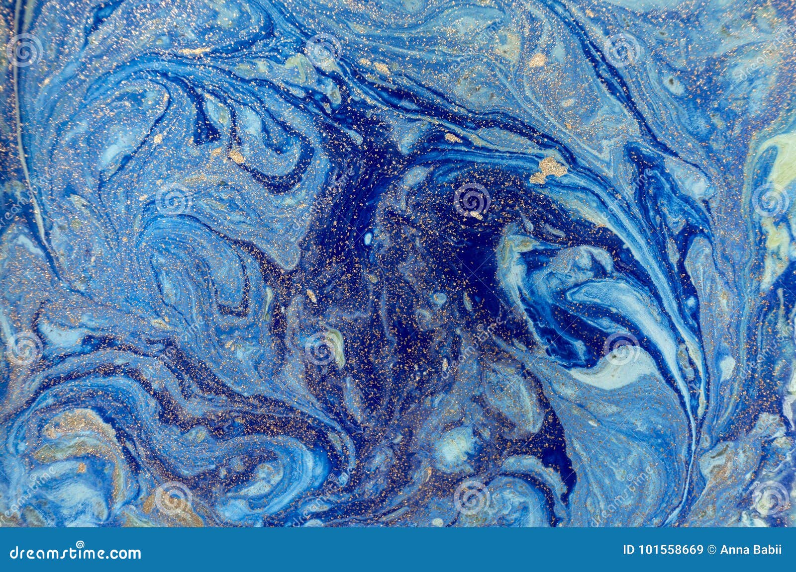Marbled Blue Abstract Background with Golden Sequins. Liquid Marble Ink ...