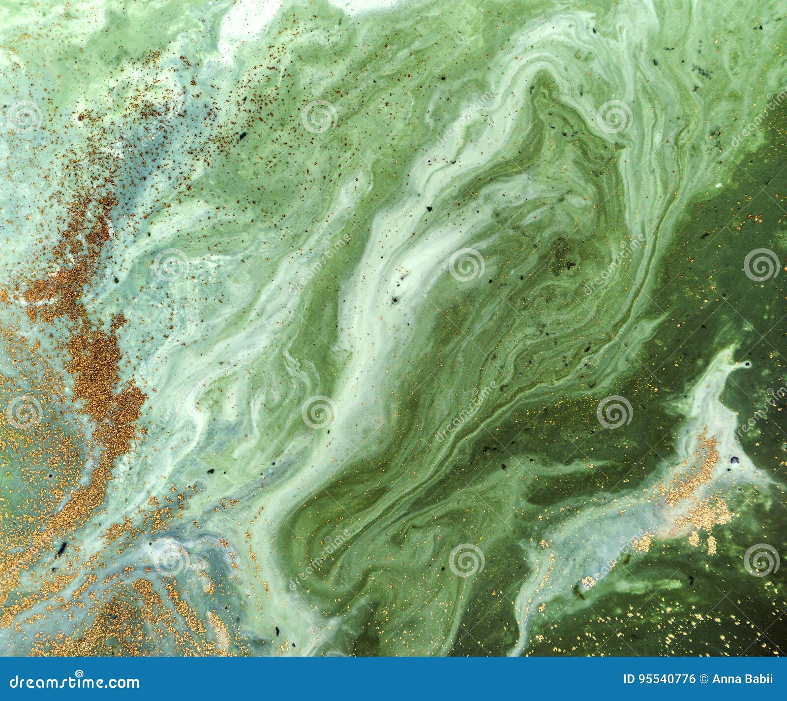 Marbled Green and Golden Abstract Background. Liquid Marble Pattern ...