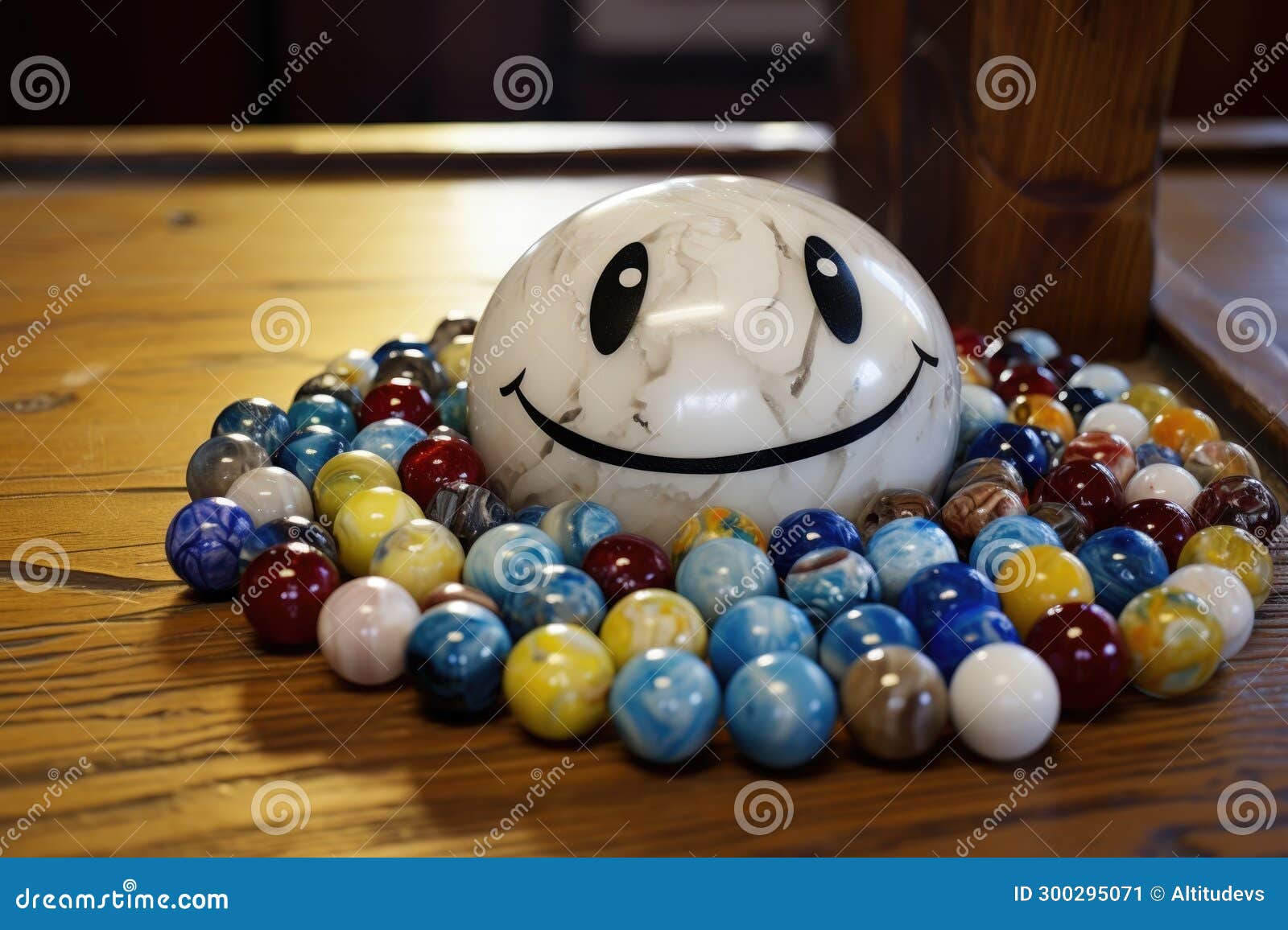 Marbles Arranged in the Shape of a Smiley Face on a Wooden Table Stock ...