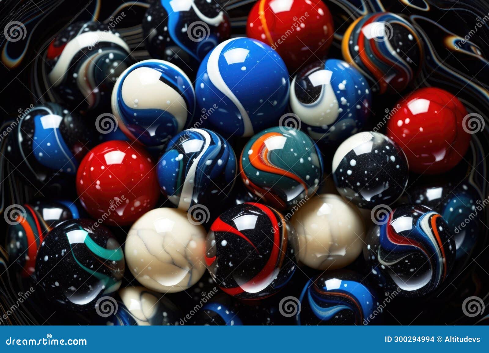 Marbles Creating a Spiral Pattern on a Black Background Stock ...