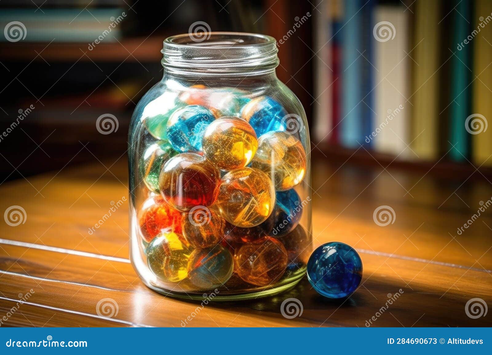 Marbles in a Transparent Jar on a Wooden Table Stock Image - Image of ...