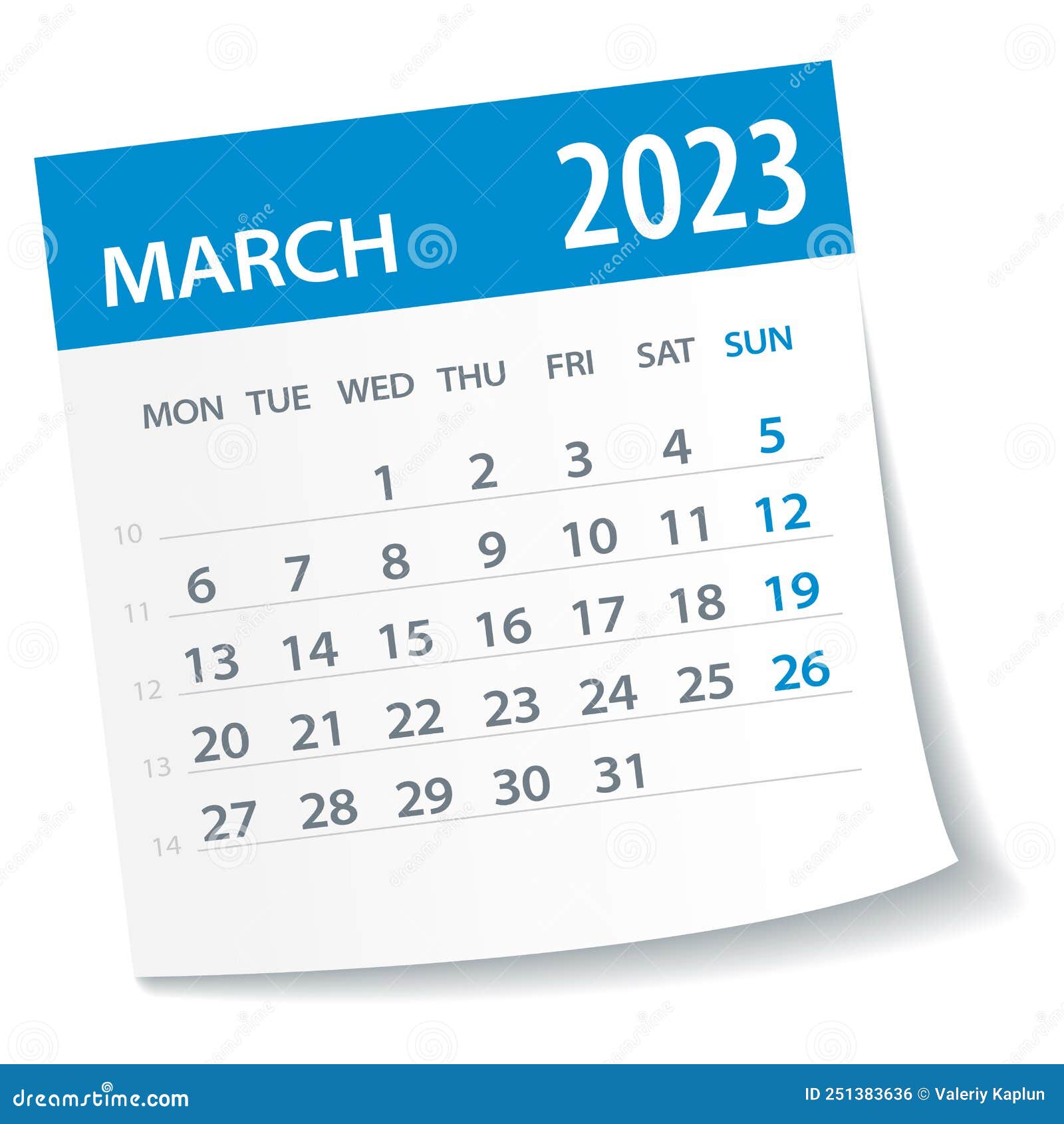 March 2023 Calendar Leaf. Week Starts on Monday. Vector Illustration ...