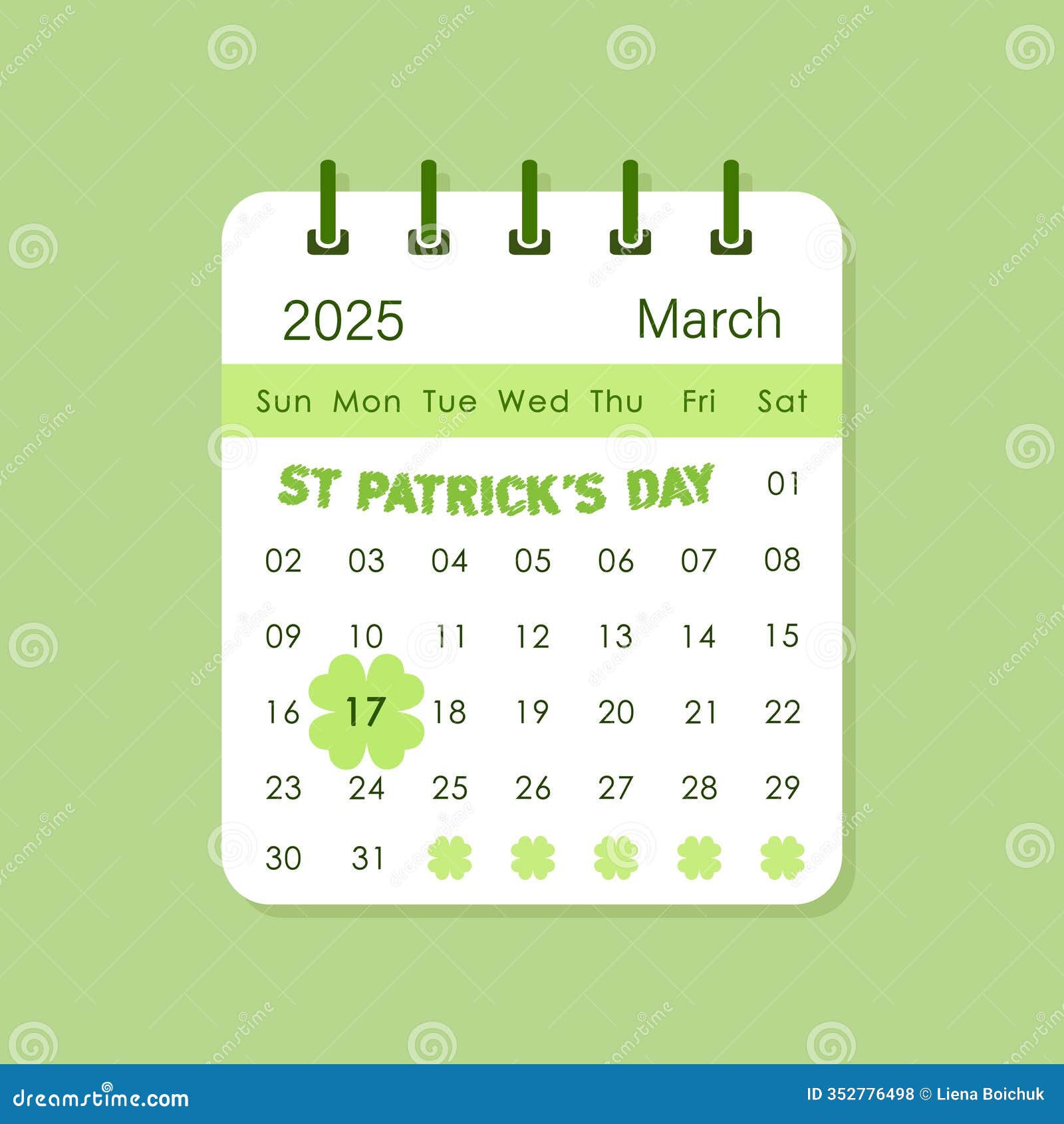 March 2025 Calendar Page with St Patrick Day Celebration Date, Vector ...