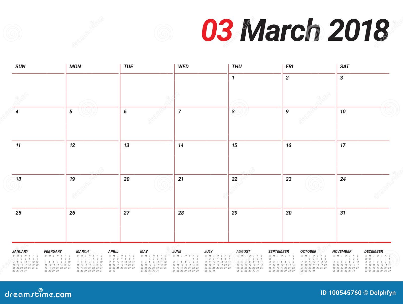 March 2018 Calendar Planner Vector Illustration Stock Vector ...