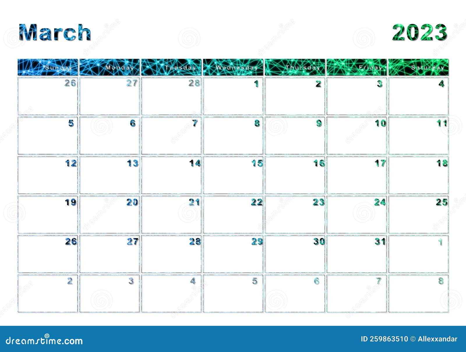 March 2023 Calendar, Week Start Sunday Stock Illustration ...