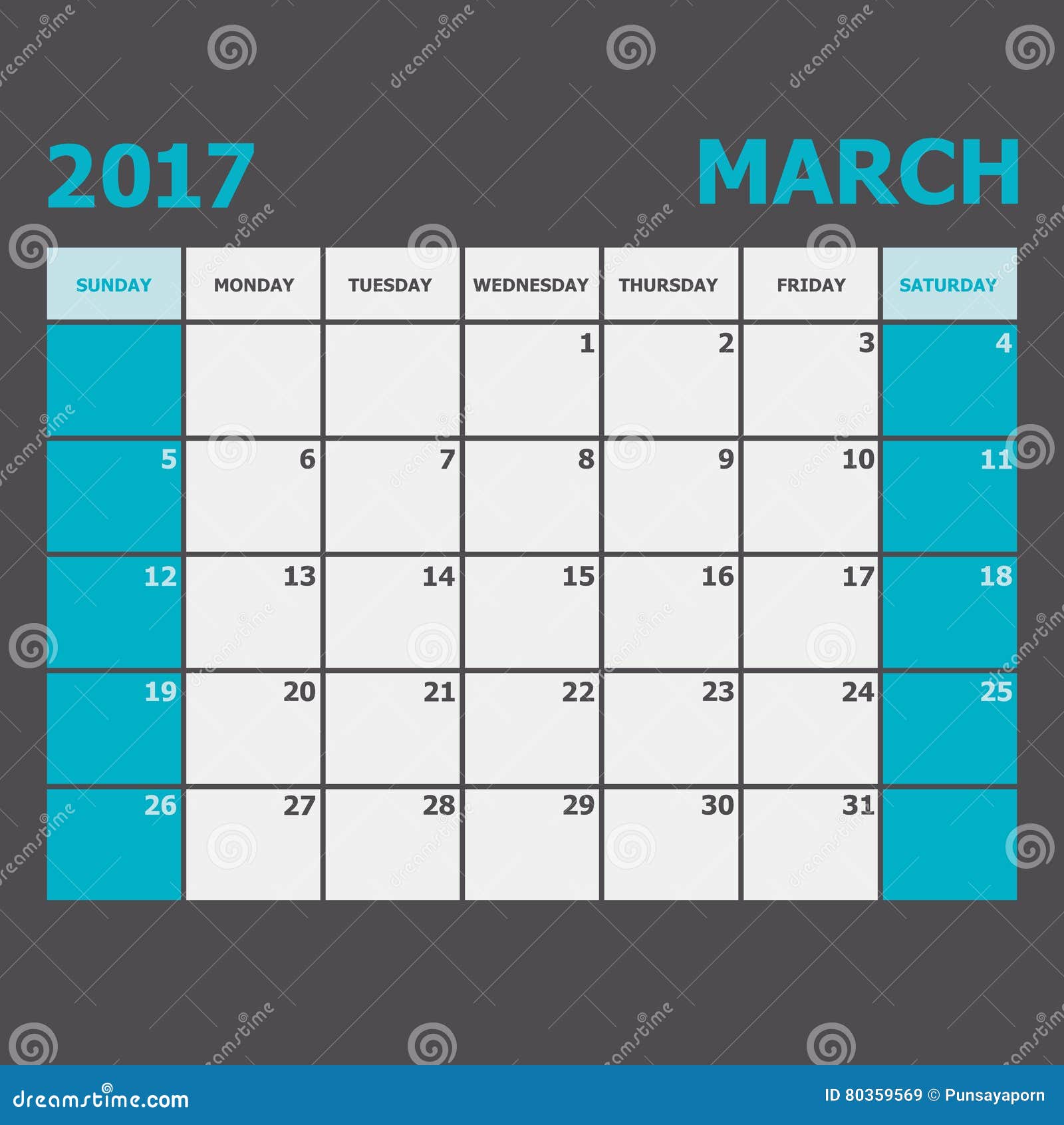 March 2017 Calendar Week Starts on Sunday Stock Vector - Illustration ...
