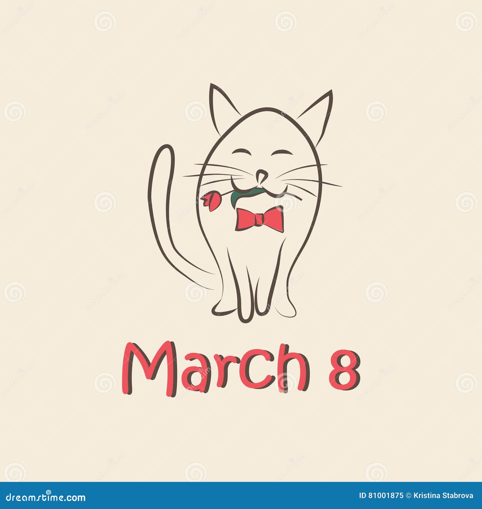 March 8. Cat with Tulips. Card Stock Vector - Illustration of growth ...