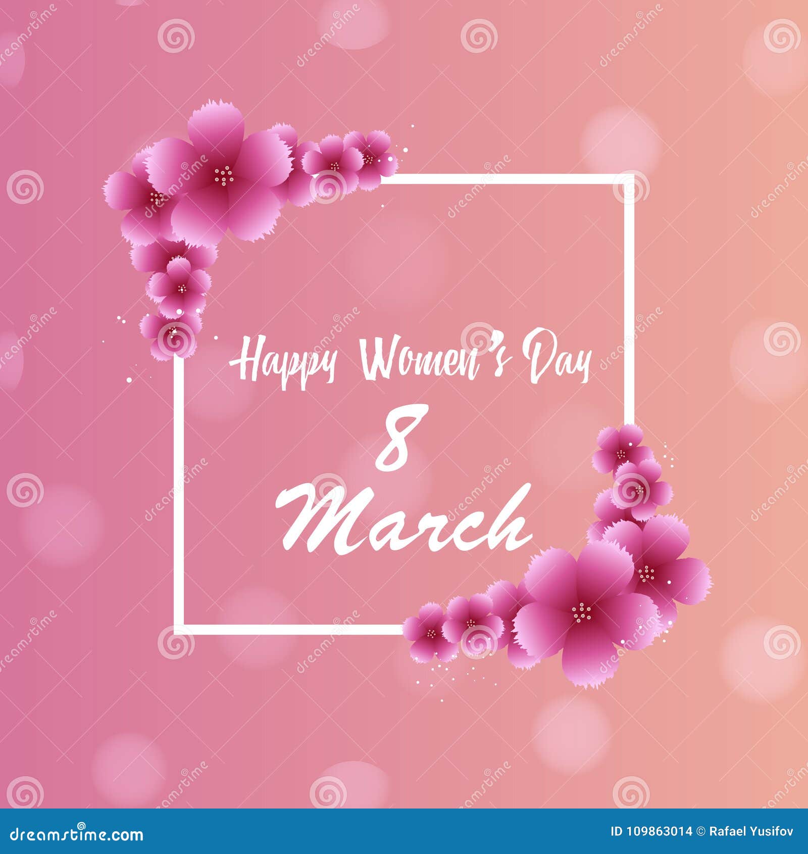 8 March Greeting Card with White Square Frame and Flowers. Vector Stock ...