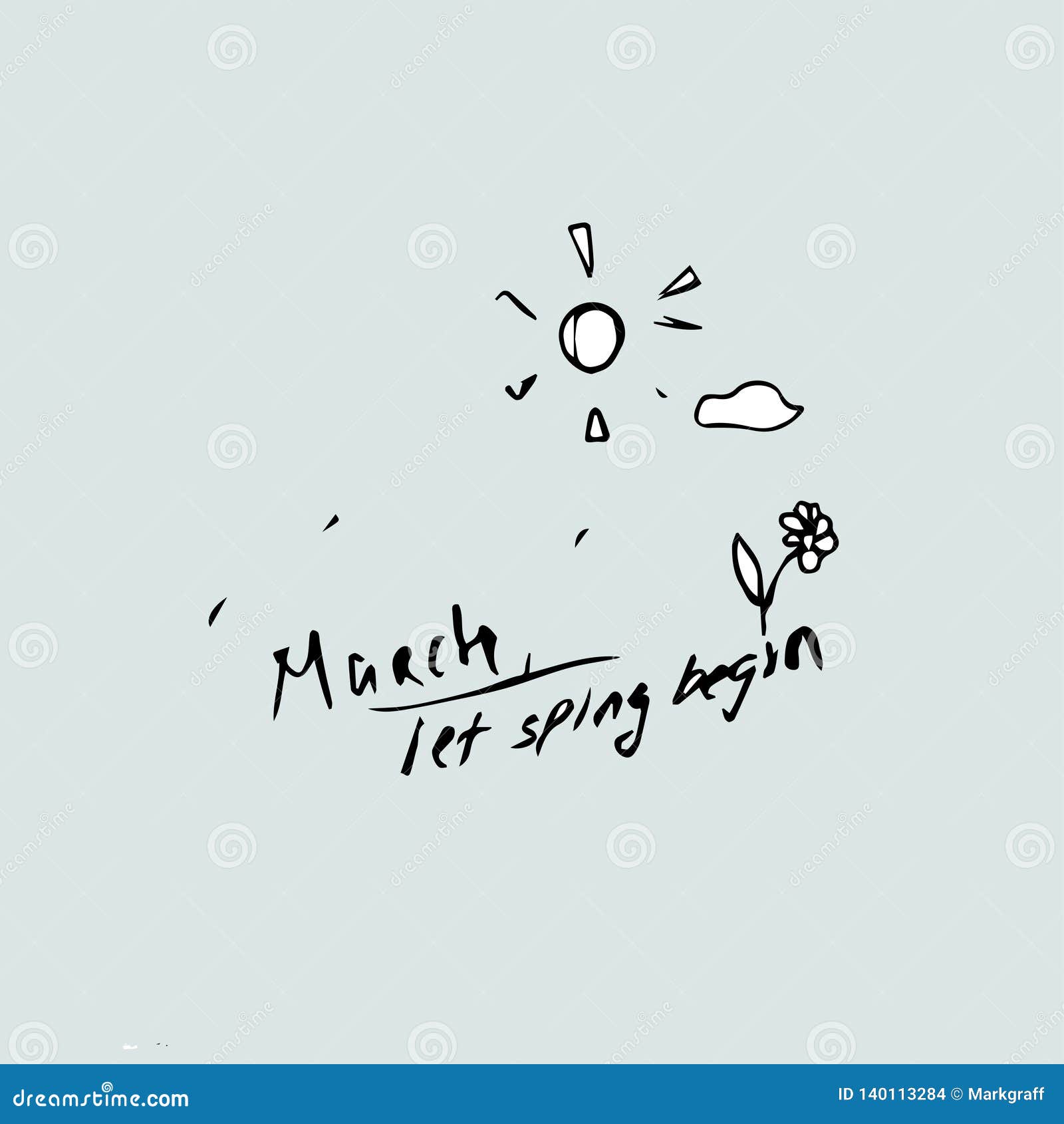 March, Let Spring Begin Text and Drawing Sun, Clouds and Flower Stock ...