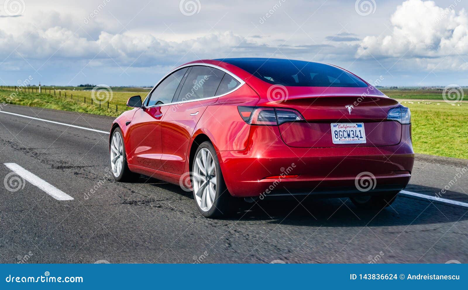 March 20, 2019 Los Angeles / CA / USA - Red Tesla Model 3 Driving on ...