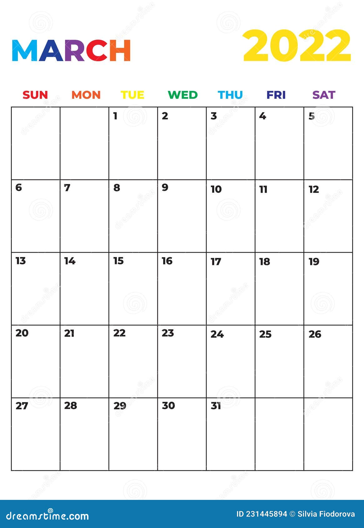 Minimalist Rainbow Monthly Planner March 2022 Stock Vector ...