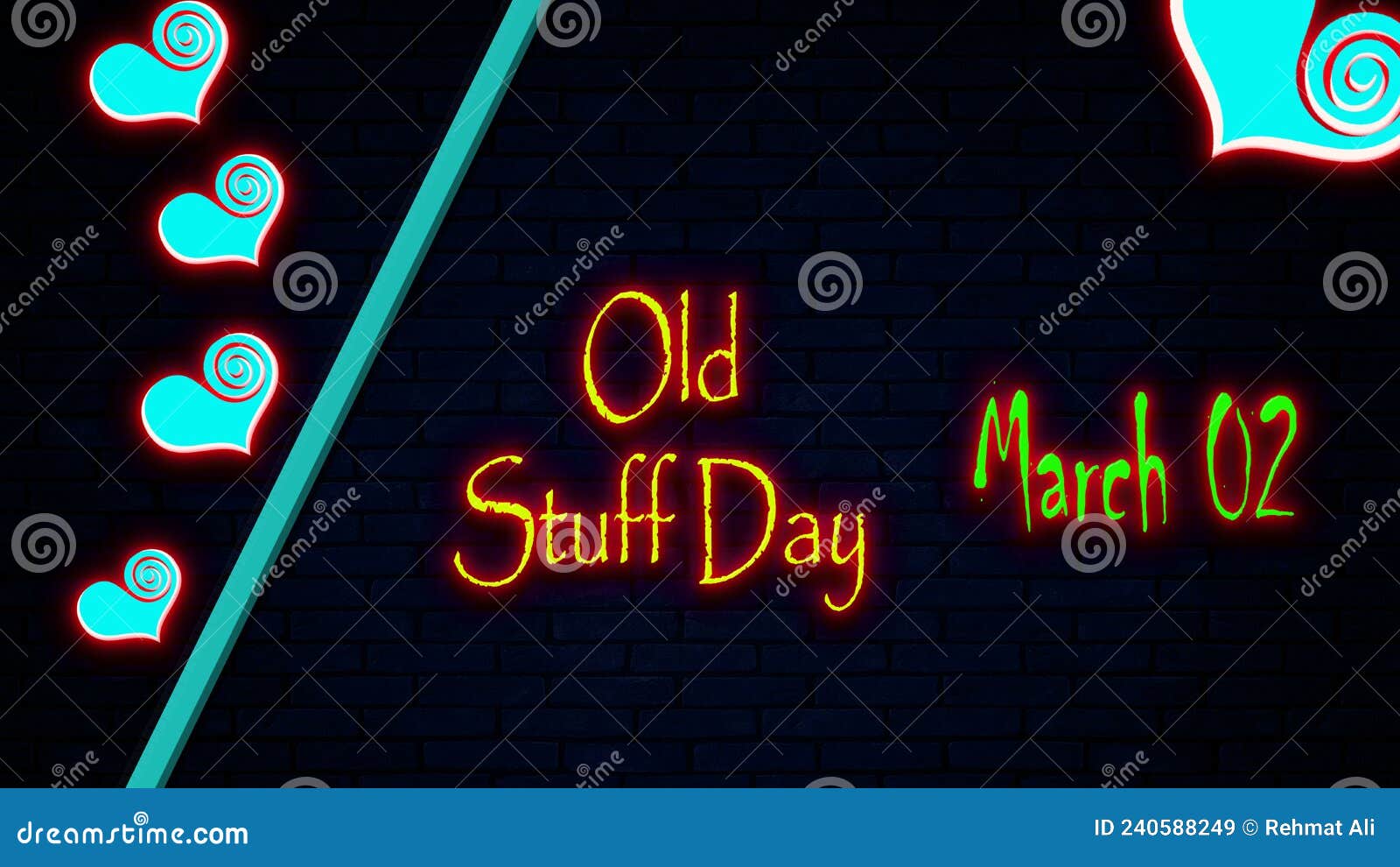 02 March, Old Stuff Day, Neon Text Effect on Bricks Background Stock ...