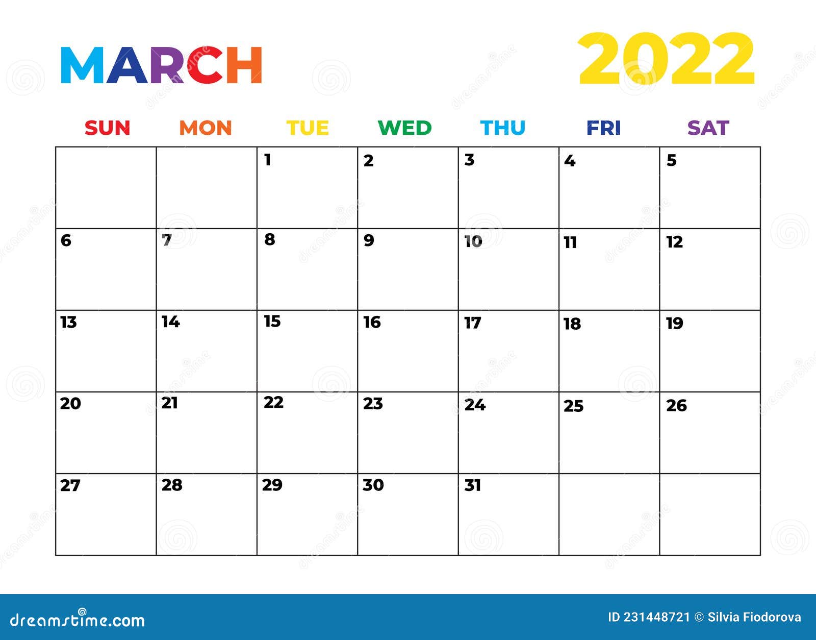 Minimalist Rainbow Sunday Start Monthly Planner March 2022 Stock Vector ...