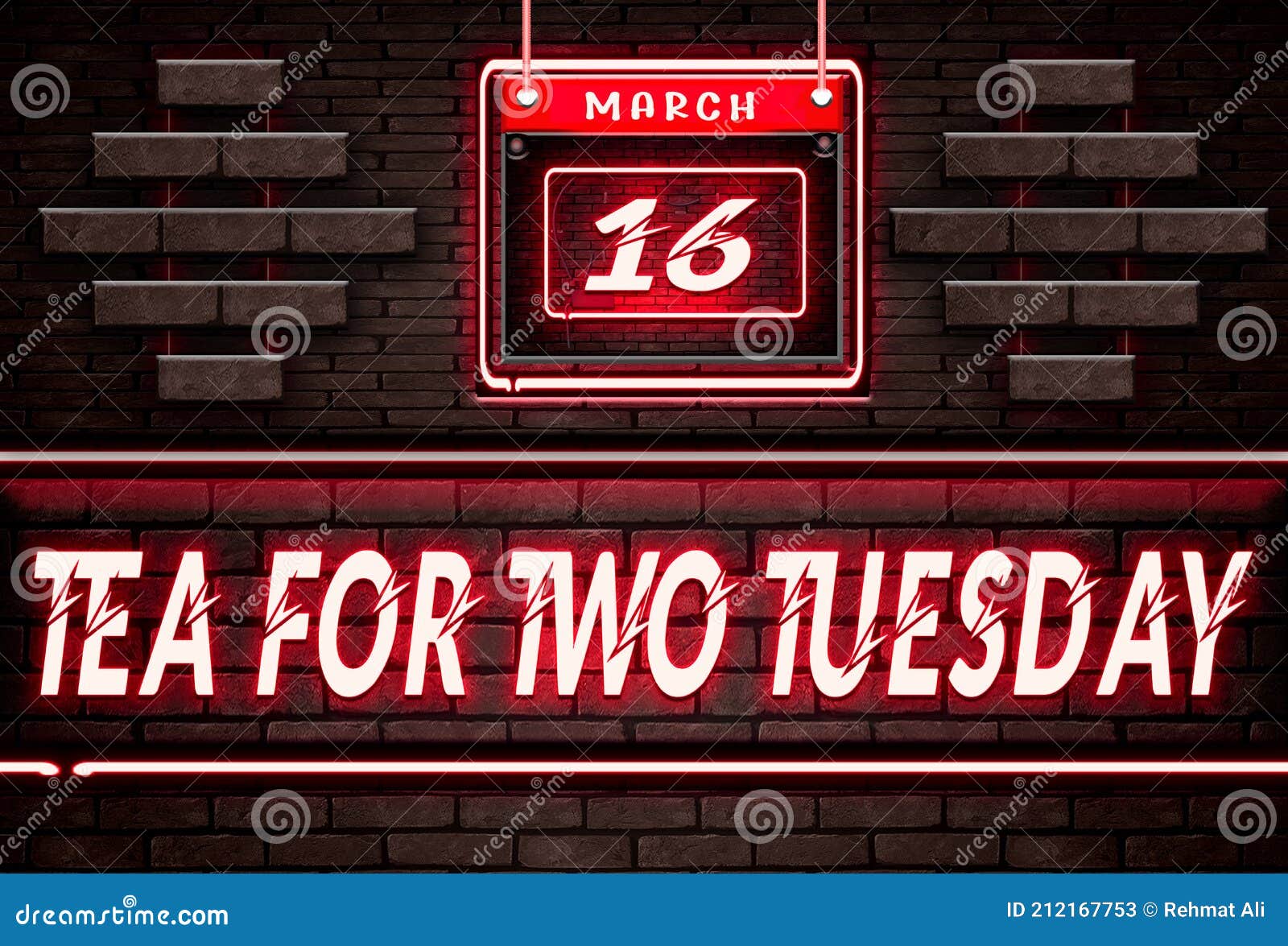 16 March, Tea for Two Tuesday, Neon Text Effect on Bricks Background ...