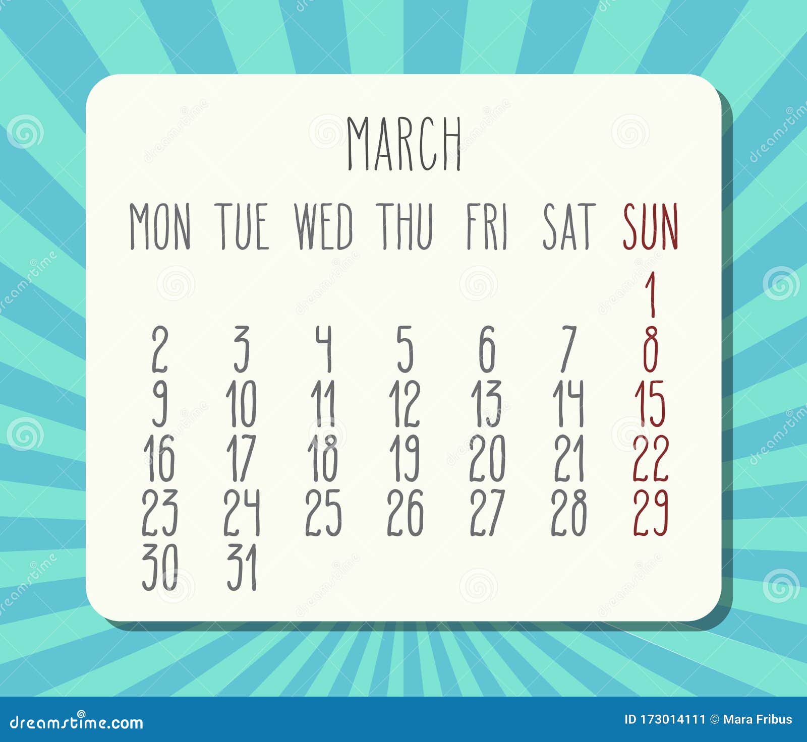 March Year 2020 Monthly Bright Rays of Light Calendar Stock Vector ...