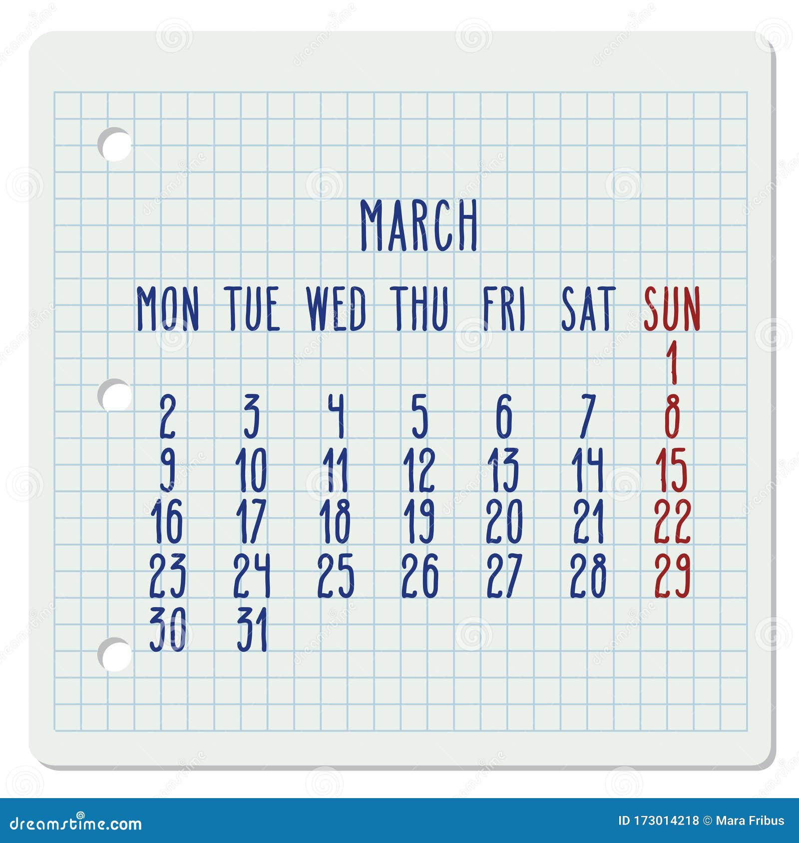 March Year 2020 Monthly Notebook Page Calendar Stock Vector ...