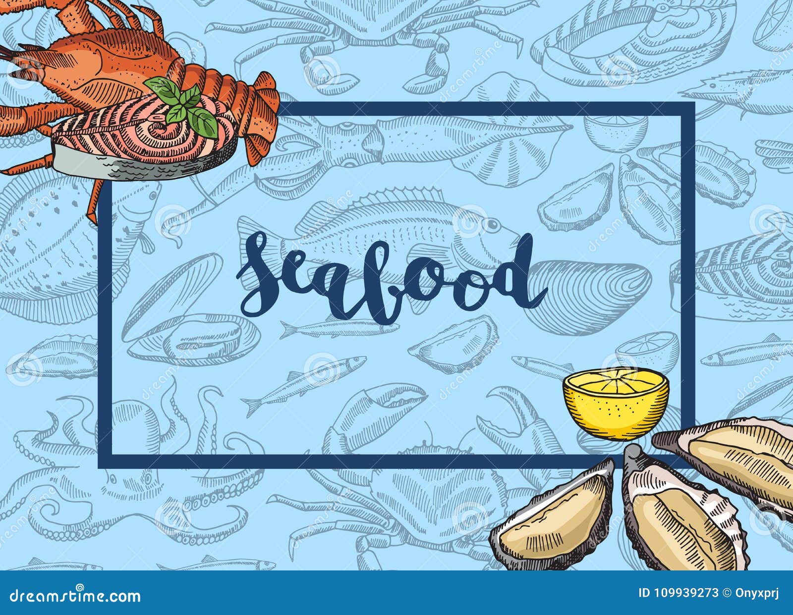 Marco Del Vector Con Los Elementos Dibujados Mano De Los Mariscos ...