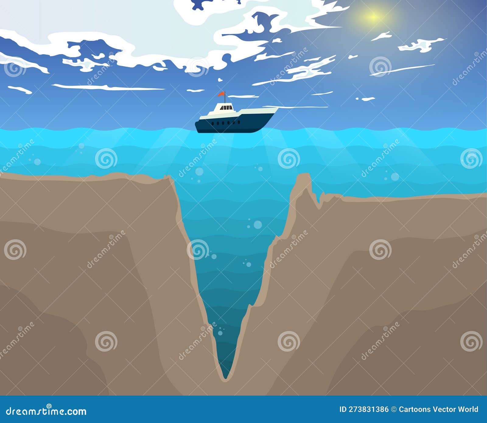 Vector Cartoon Style Mariana Trench Sea Illustration with Sky, Clouds ...