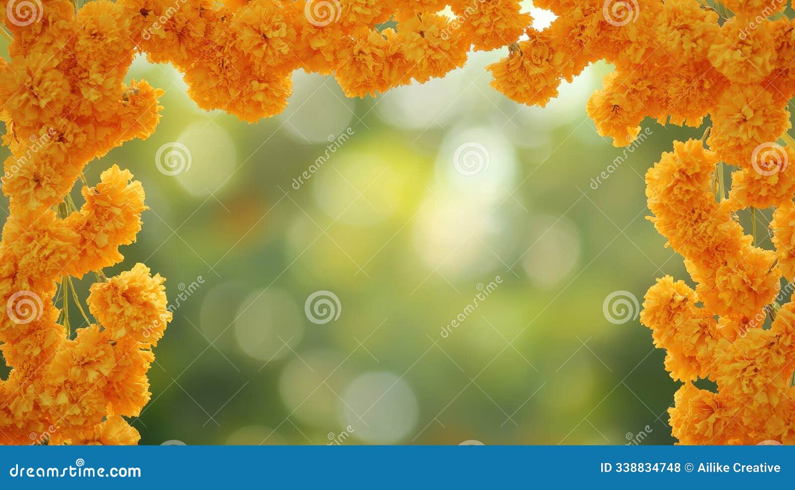 Marigold Flower Garland Frame with Bokeh Background Stock Illustration ...