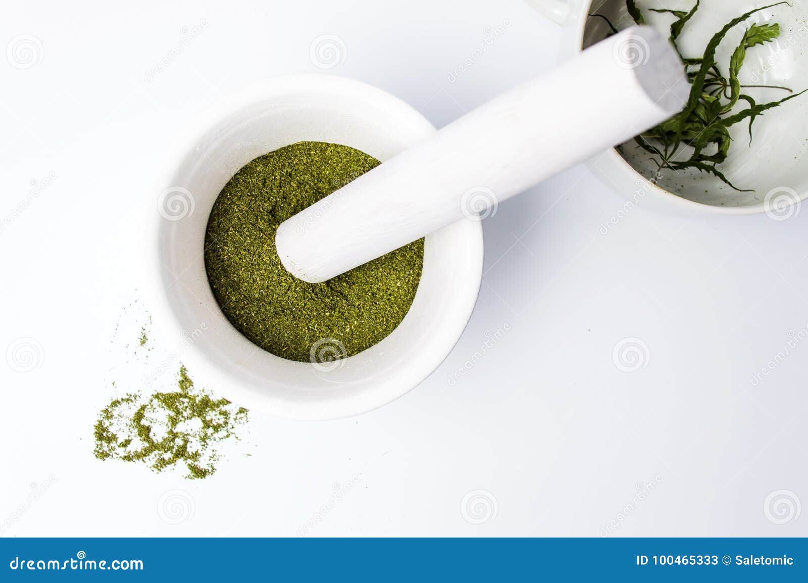 Marijuana Powder of Dried Grounded Leafs in White Mortar Stock Image ...