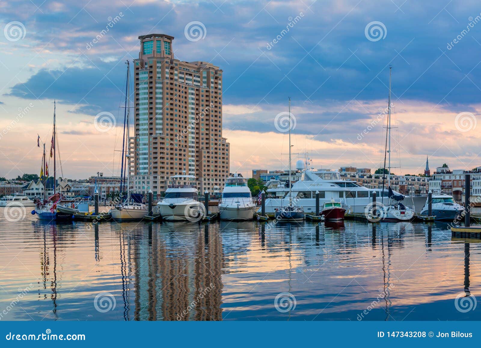 A Marina at the Inner Harbor at Sunset, in Baltimore, Maryland ...