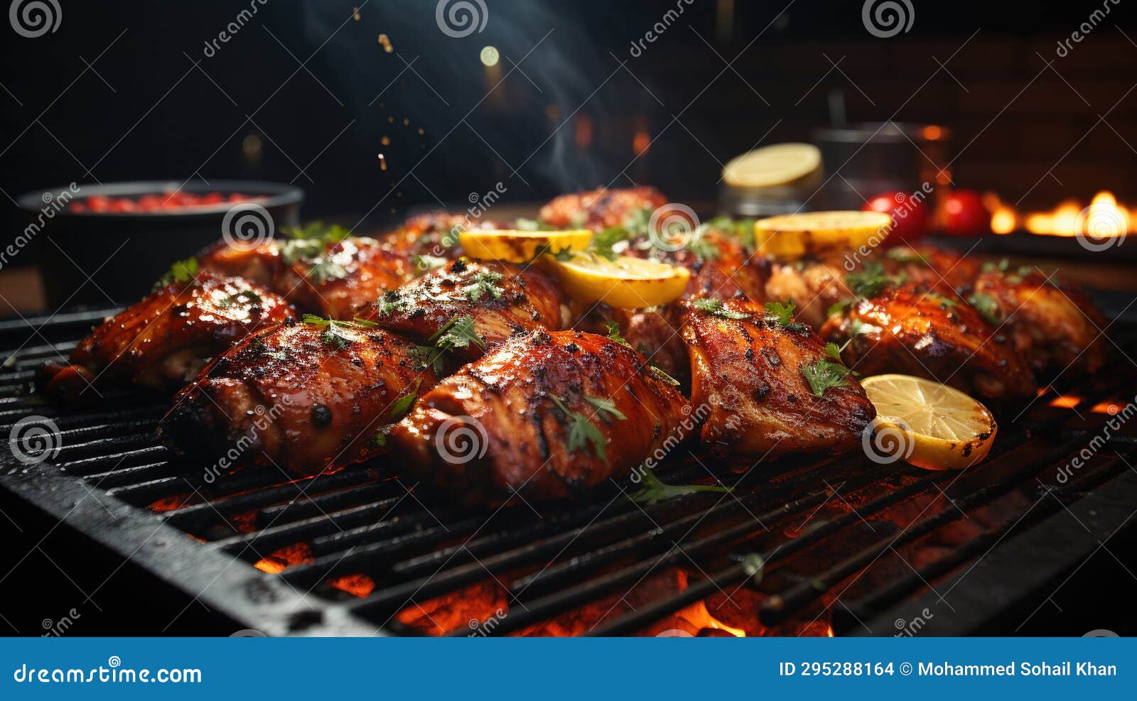 Marinated Chicken on a Grill in Restaraunt Style on Blurry Background ...