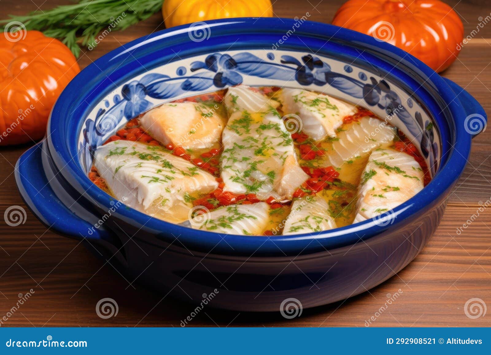 Marinated Fish Fillets in a Blue Ceramic Bowl Stock Image - Image of ...
