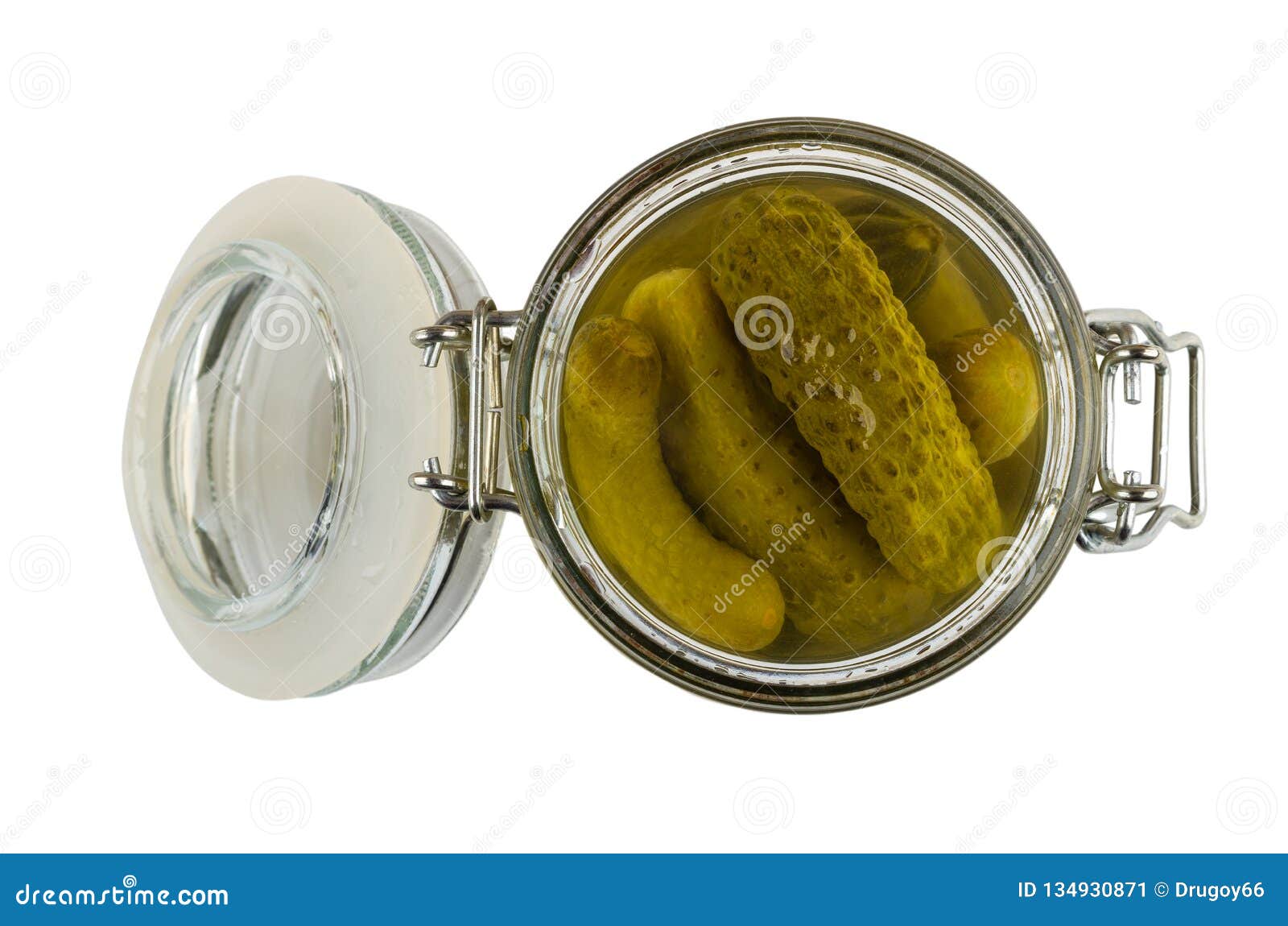 Marinated Gherkins in Open Jar Isolated on White. Top View Stock Image ...