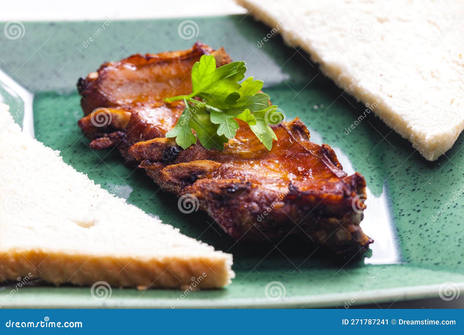 Marinated and Grilled Ribs Served with Toast Bread Stock Image - Image ...