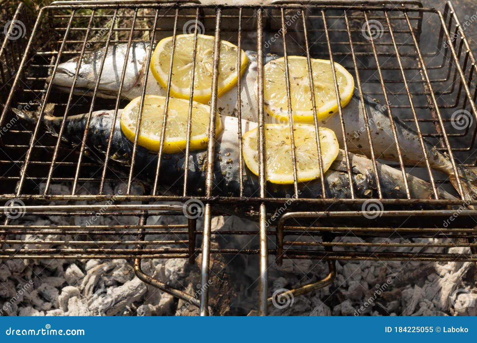 Marinated Mackerel Fish in Wire Rack for Cooking Over an Open Fire ...