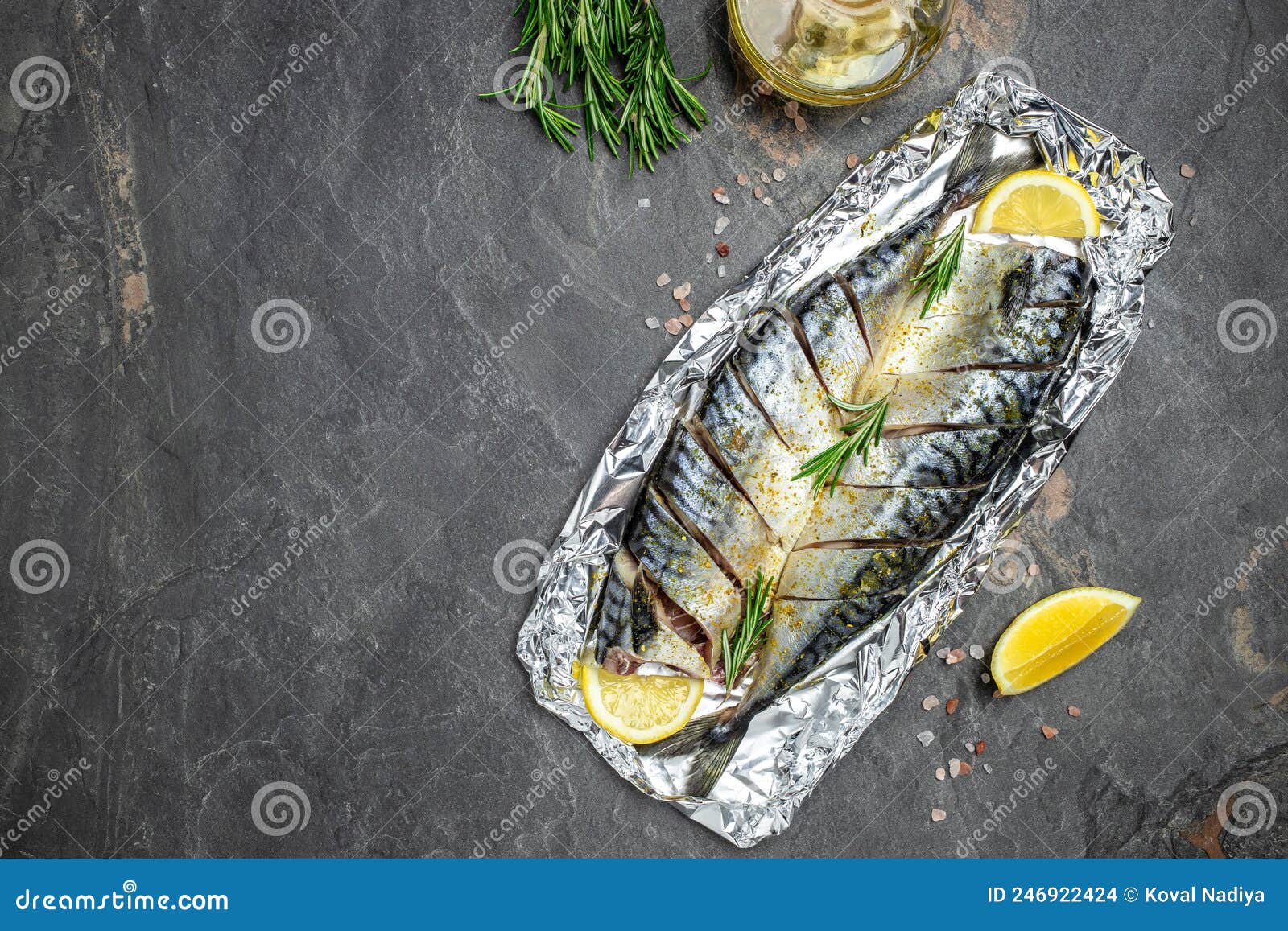 Marinated Mackerel with Spices and Herbs Ready for Baking on a Dark ...