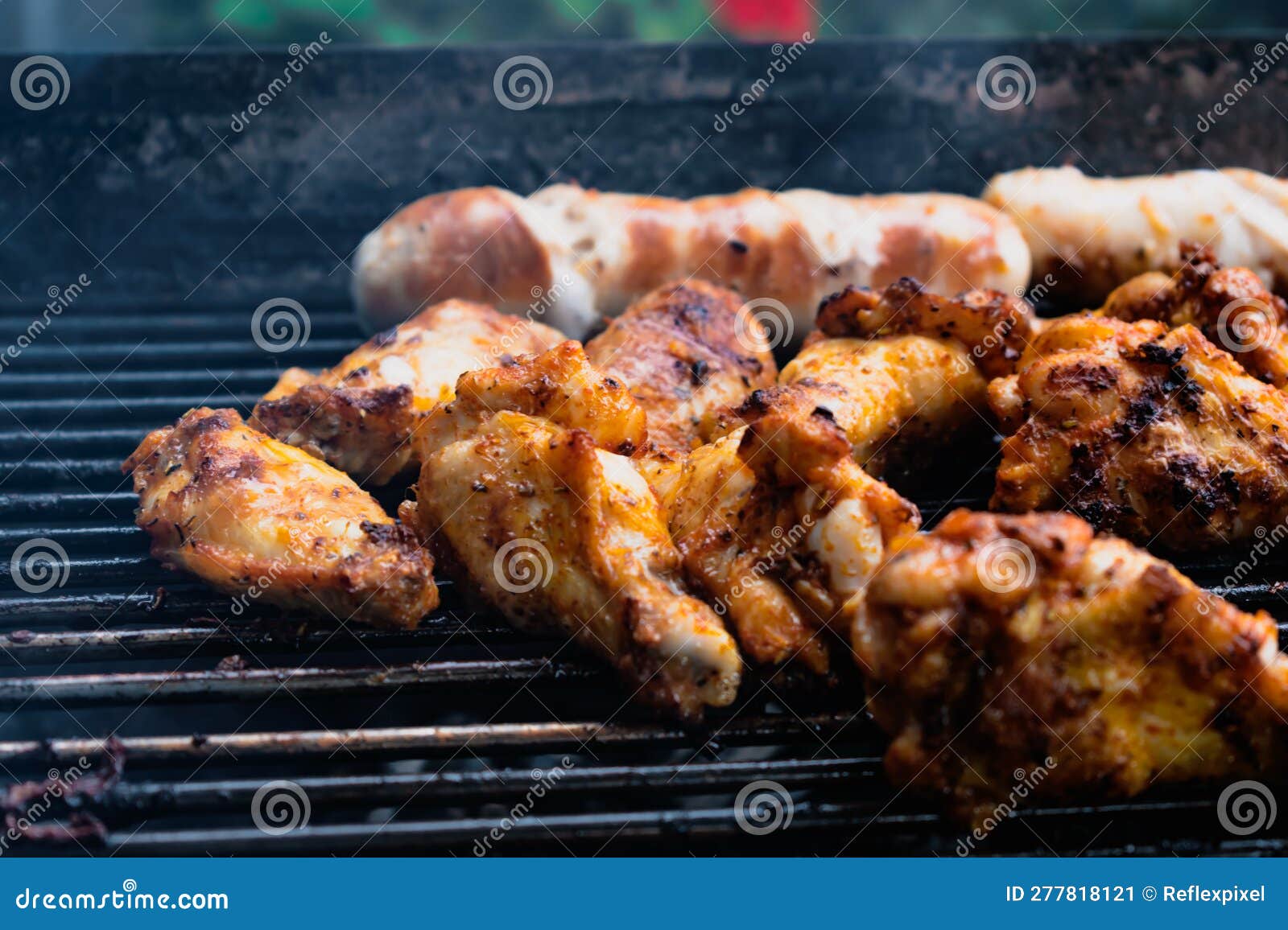 Marinated Meat, Chicken, Ribs and Sausages Put on the Barbecue Stock ...