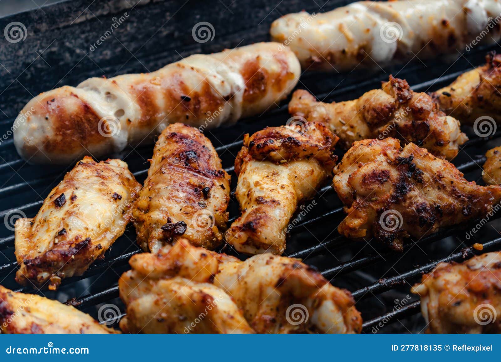 Marinated Meat, Chicken, Ribs and Sausages Put on the Barbecue Stock ...