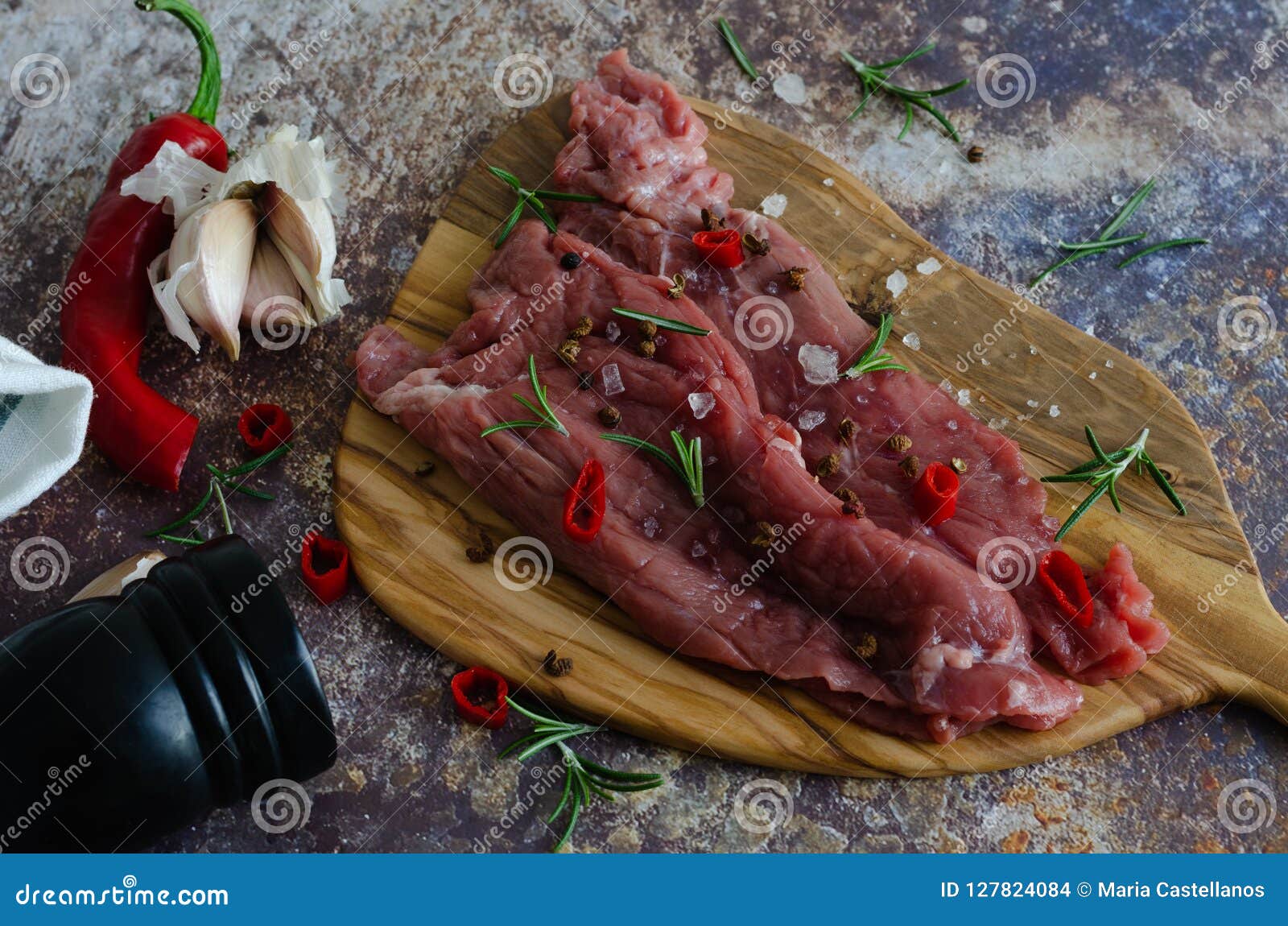 Marinated Meat on Kitchen Table on Marble Background. Stock Photo ...