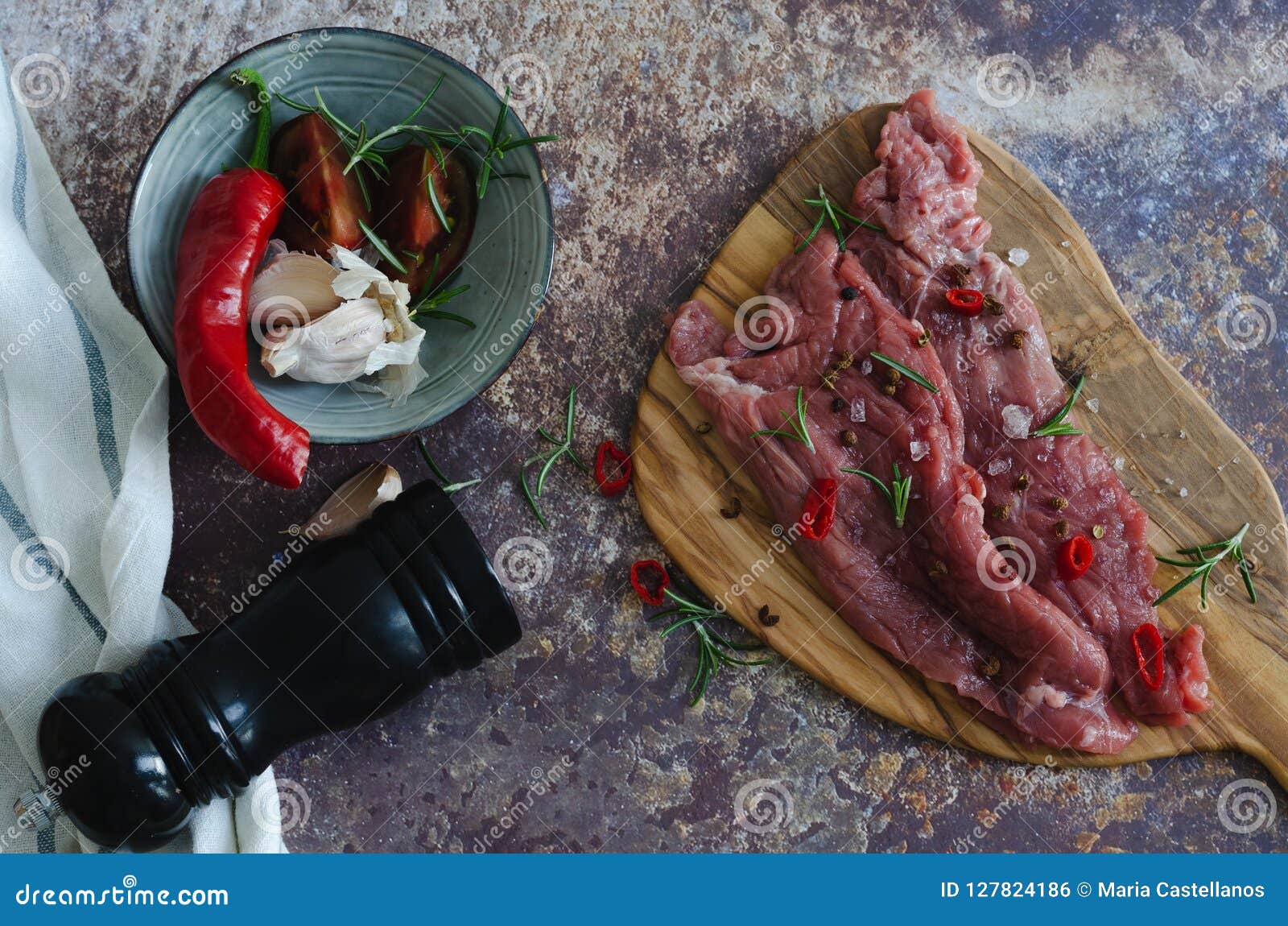 Marinated Meat on Kitchen Table on Marble Background. Stock Photo ...