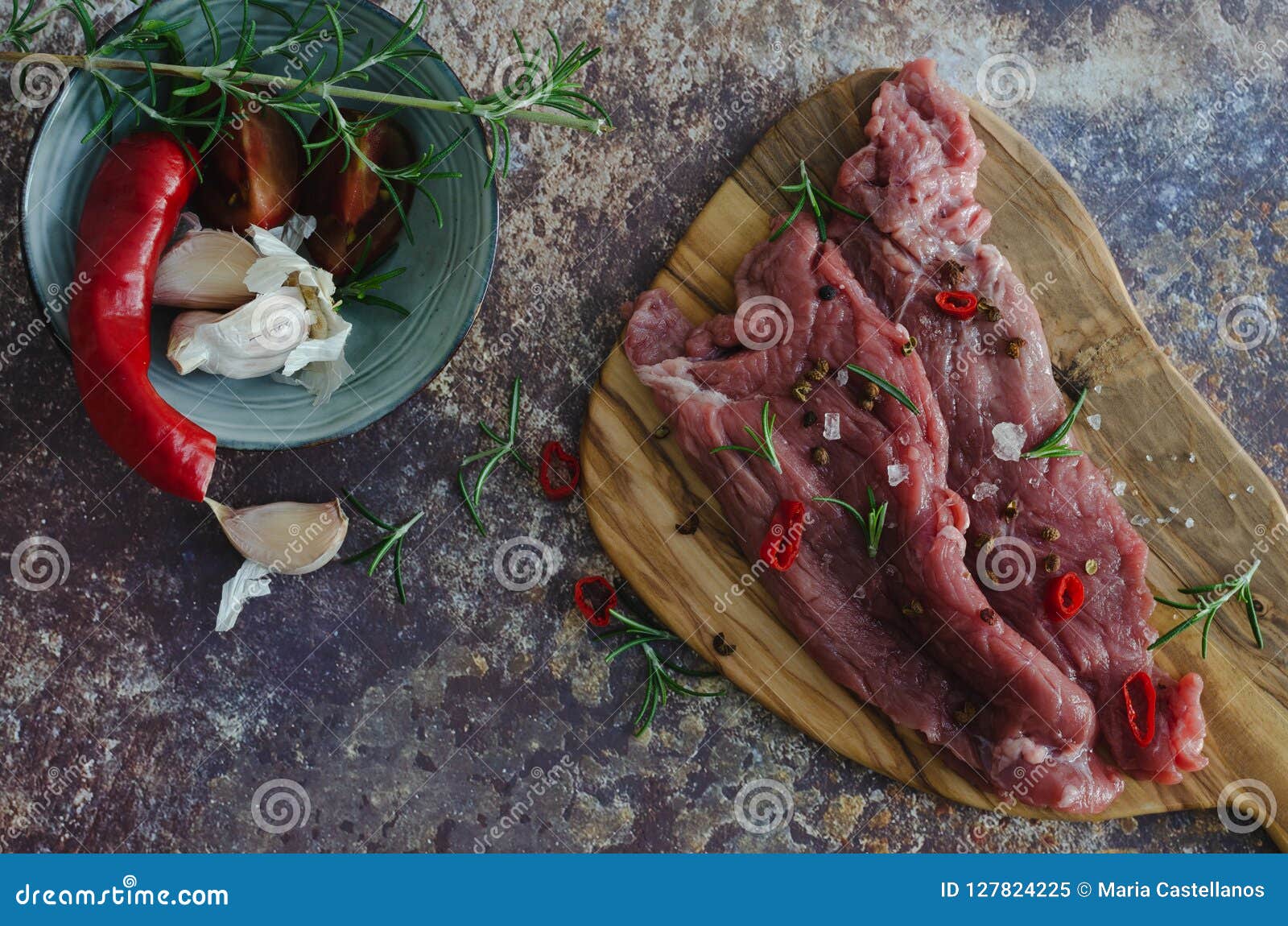 Marinated Meat on Kitchen Table on Marble Background. Stock Image ...