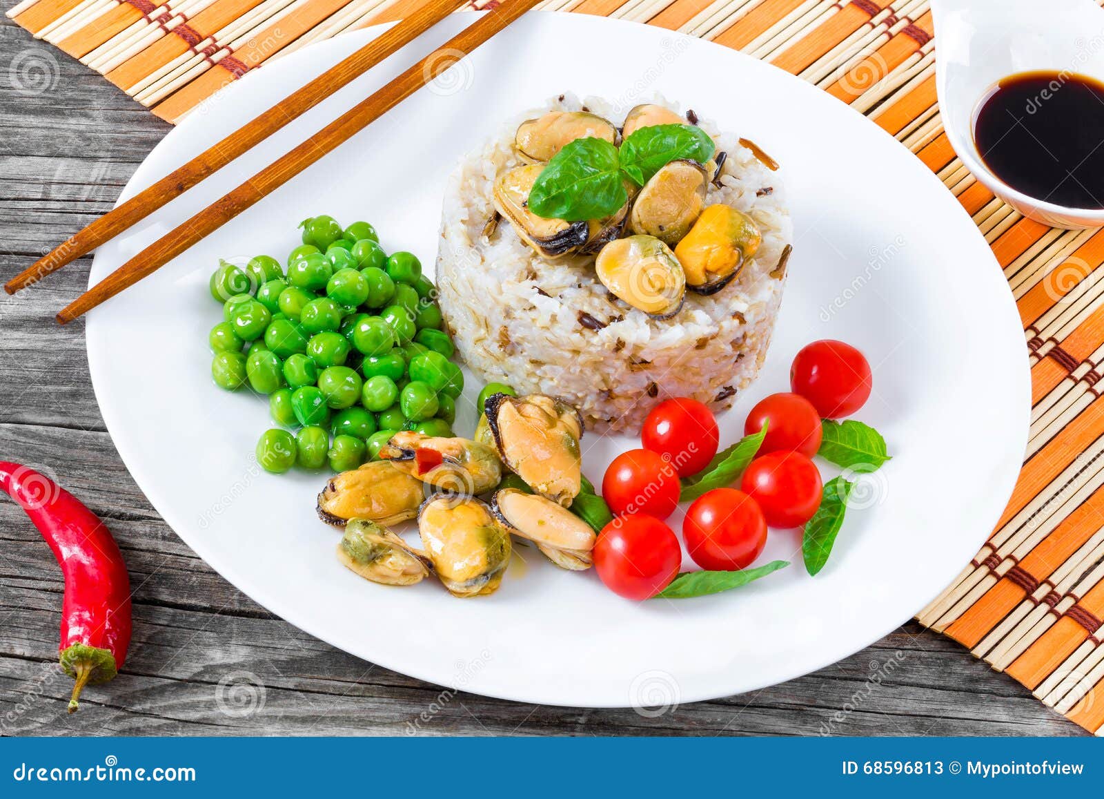 Marinated Mussels with Brown and Wild Rice, Top View, Close-up Stock ...