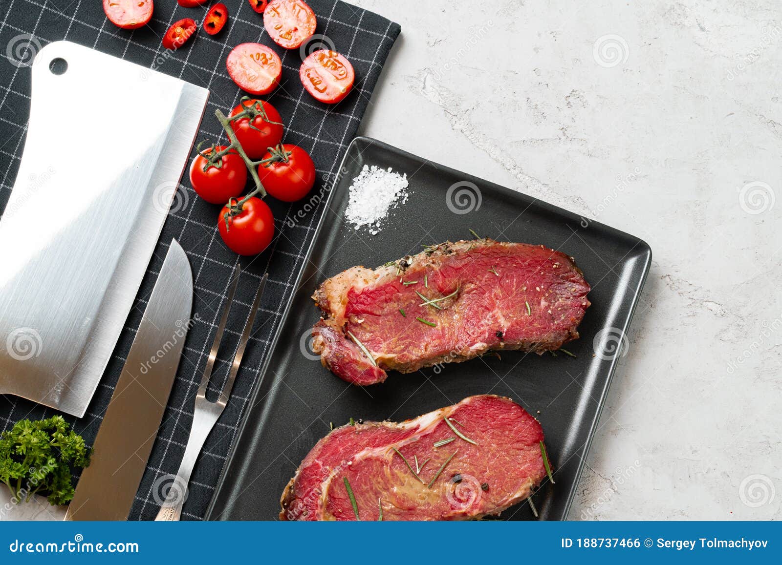 Marinated Raw Steaks on Stone Table with Spices Stock Photo - Image of ...