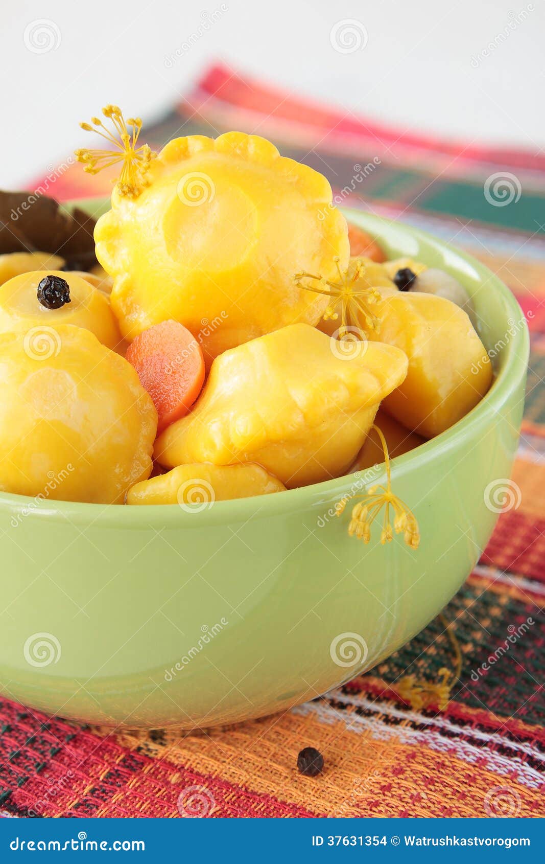 Marinated squash in bowl stock photo. Image of dill, yellow - 37631354