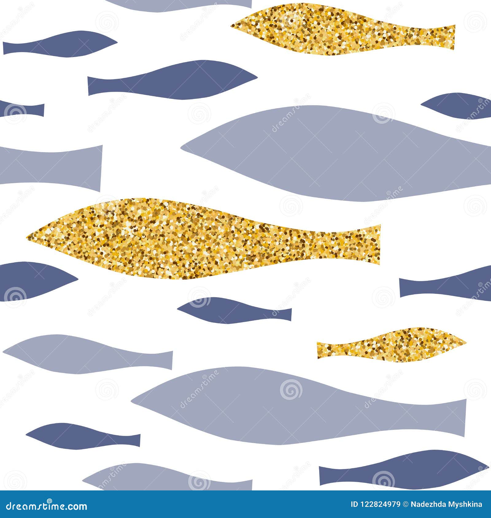 Marine Abstract Seamless Pattern with Blue and Glitter Fish Stock ...