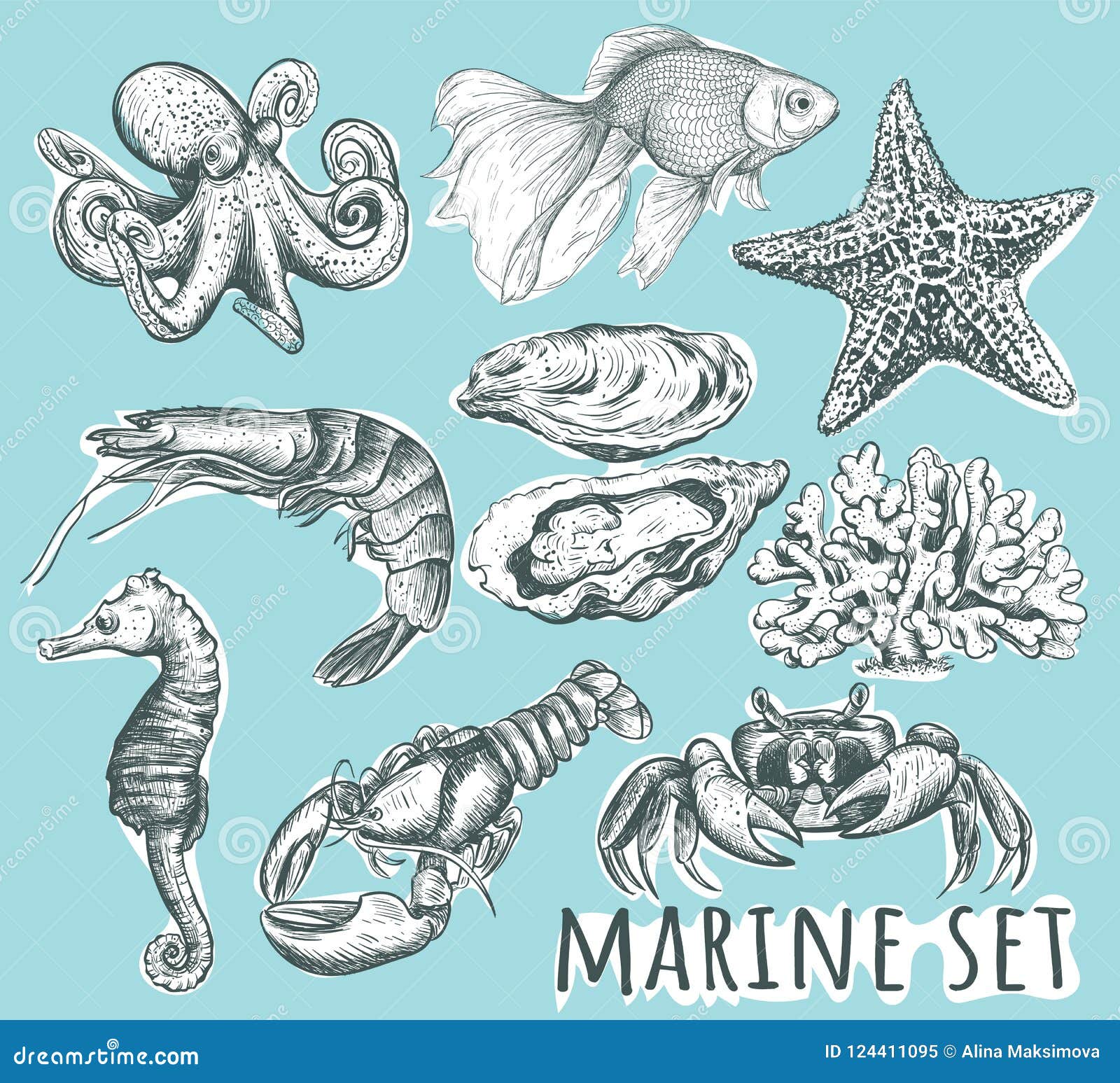 Marine animals collection. stock vector. Illustration of life - 124411095