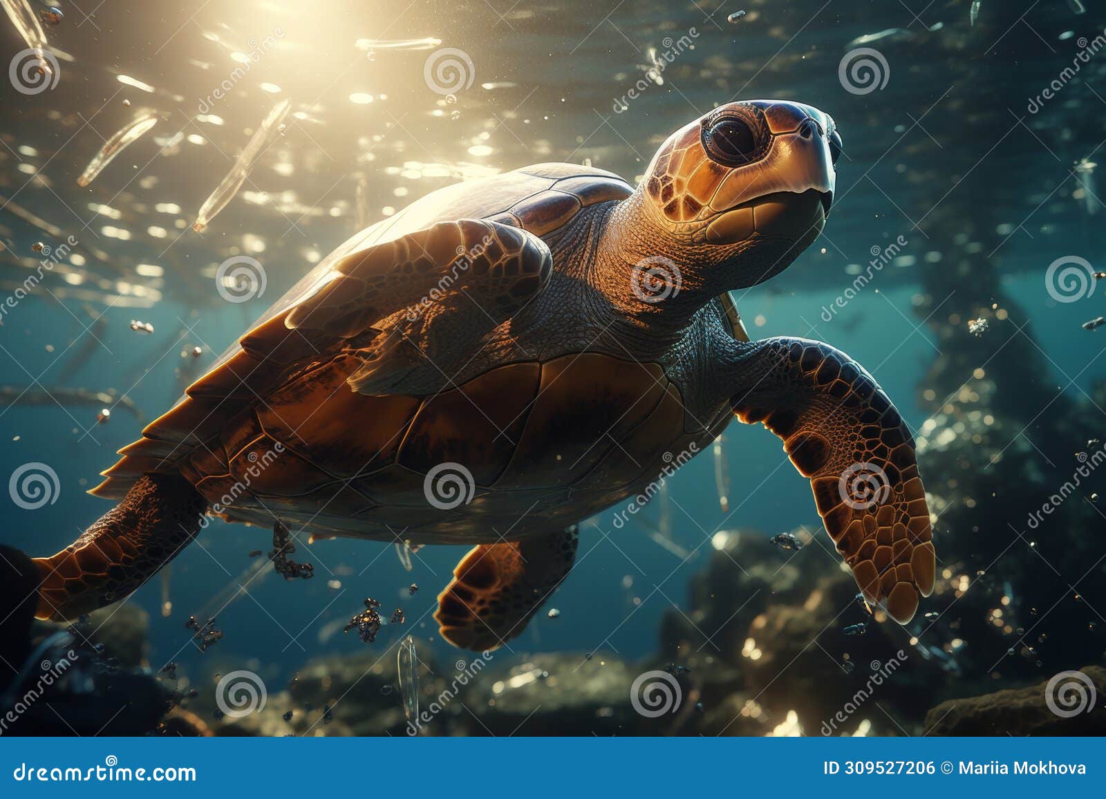 Marine Animals Turtle Entangled in Plastic Debris. Underwater Pollution ...