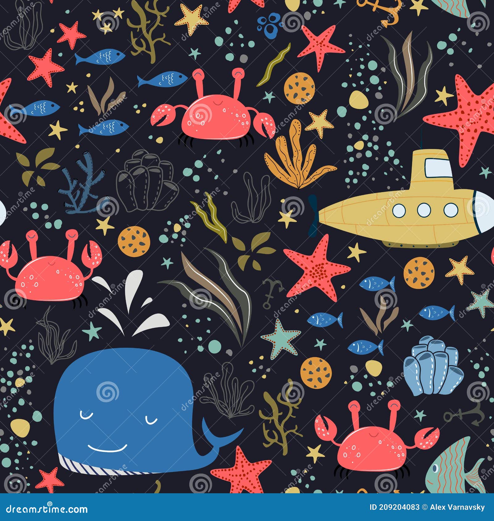 Marine Baby Seamless Pattern with Cute Marine Life Stock Vector ...