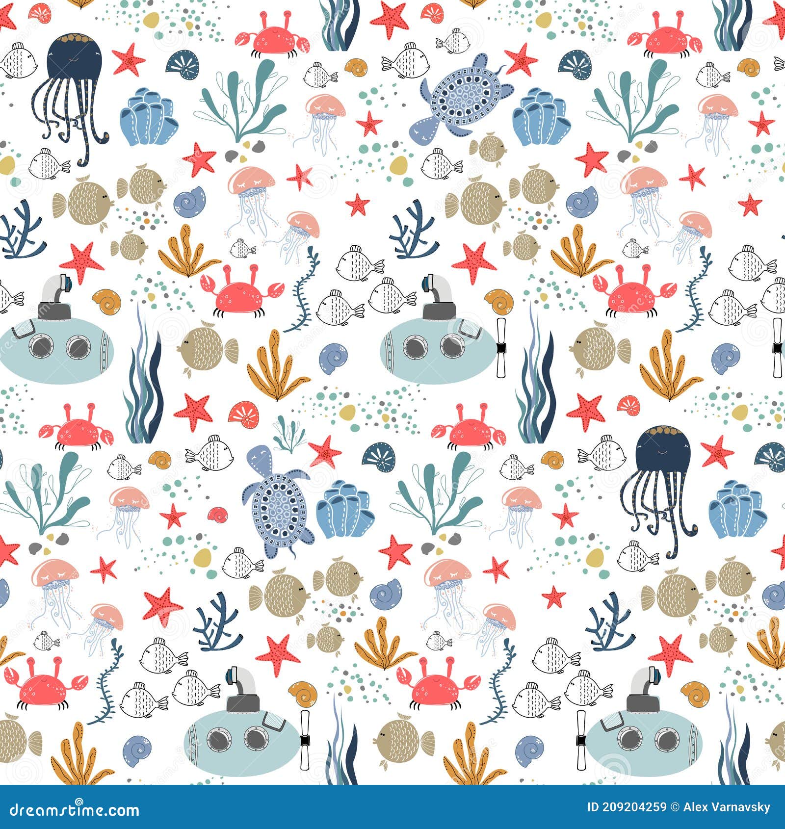 Marine Baby Seamless Pattern with Cute Marine Life Stock Vector ...