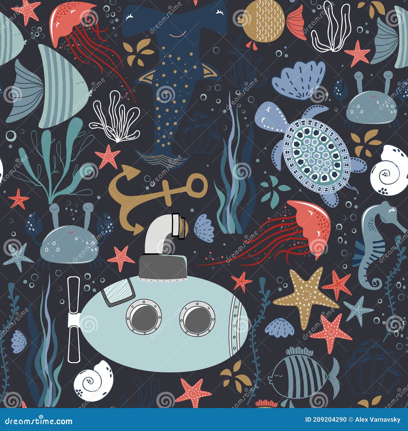 Marine Baby Seamless Pattern with Cute Marine Life Stock Vector ...