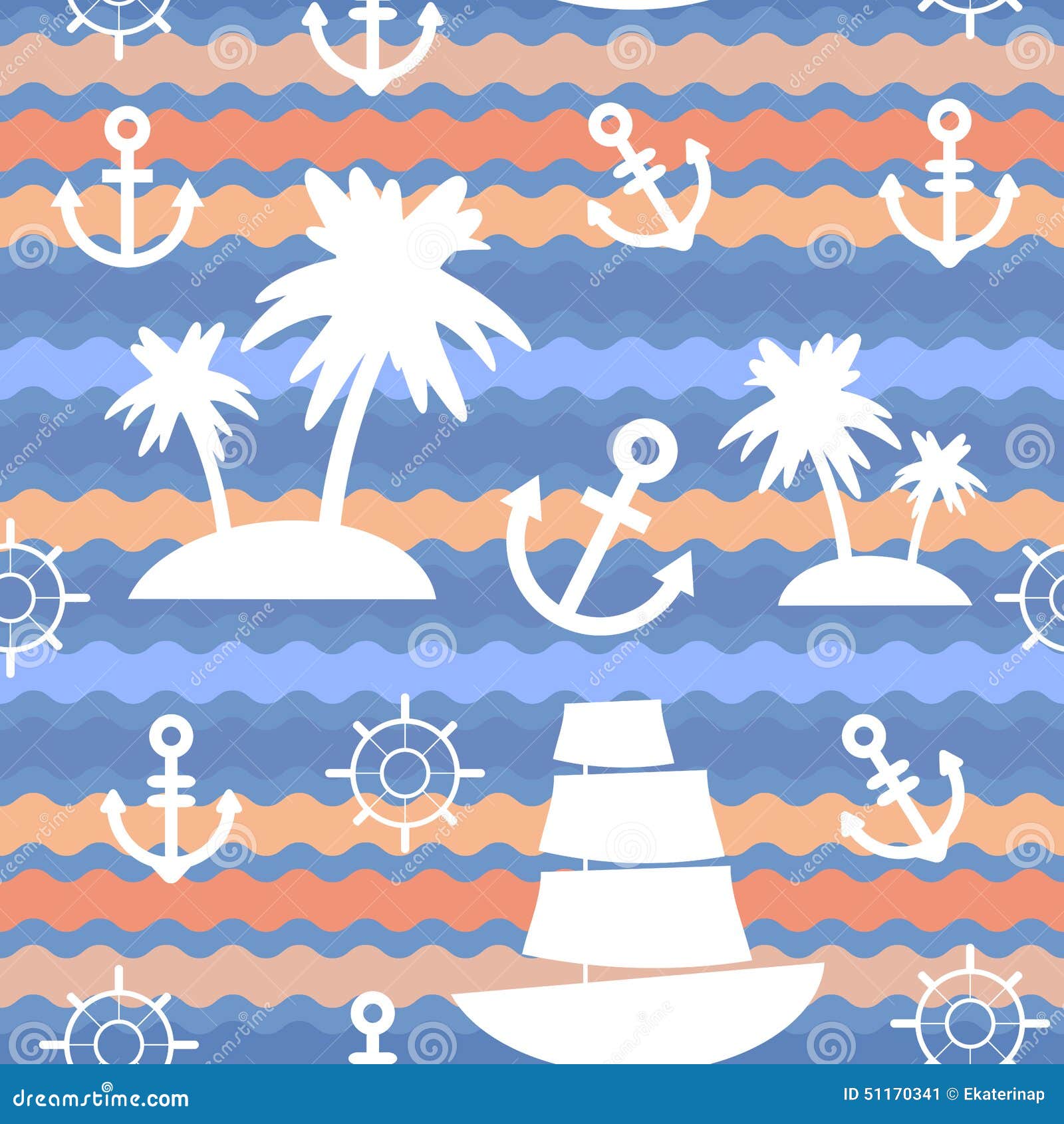 Marine Background. Palms, Anchor, Steering Wheel, Wave Background ...