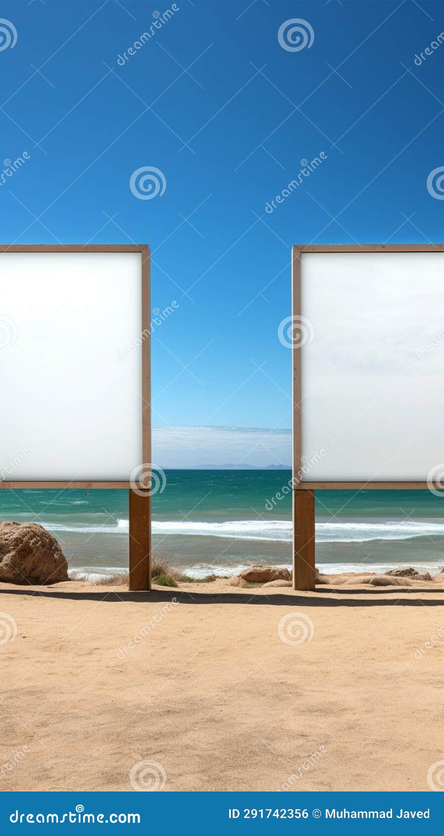 Marine Billboard Canvas Empty Frame Set on Beach with Ocean Panorama ...